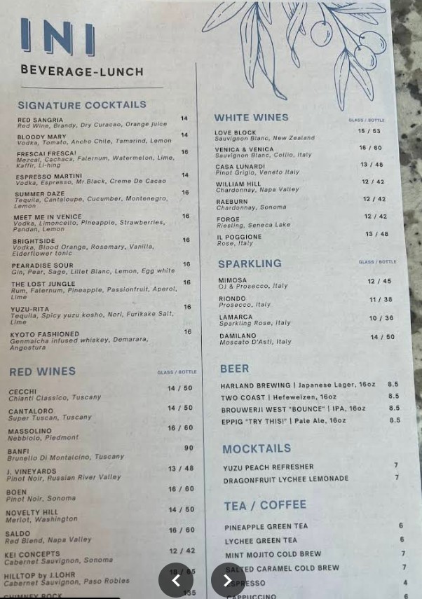 Menu of INI Ristorante | Genuine Italian Cuisine, Fountain Valley, CA